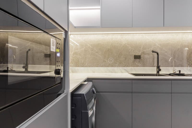 Modern Simple Kitchen Corner in the Grey and White Kitchen Stock Image ...