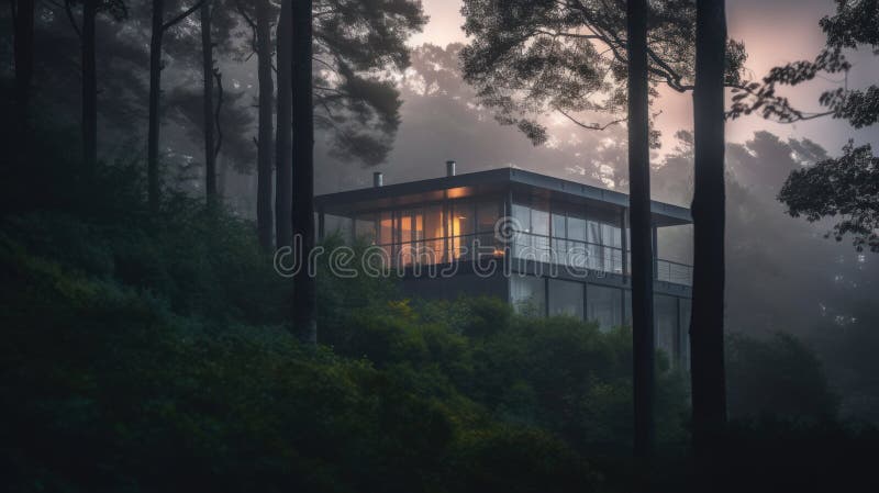 Modern Single House in the Forest View at Night Generative AI Stock ...
