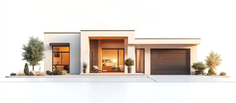 Single-story Home with a Garage, Landscaping, and Large Windows Stock ...