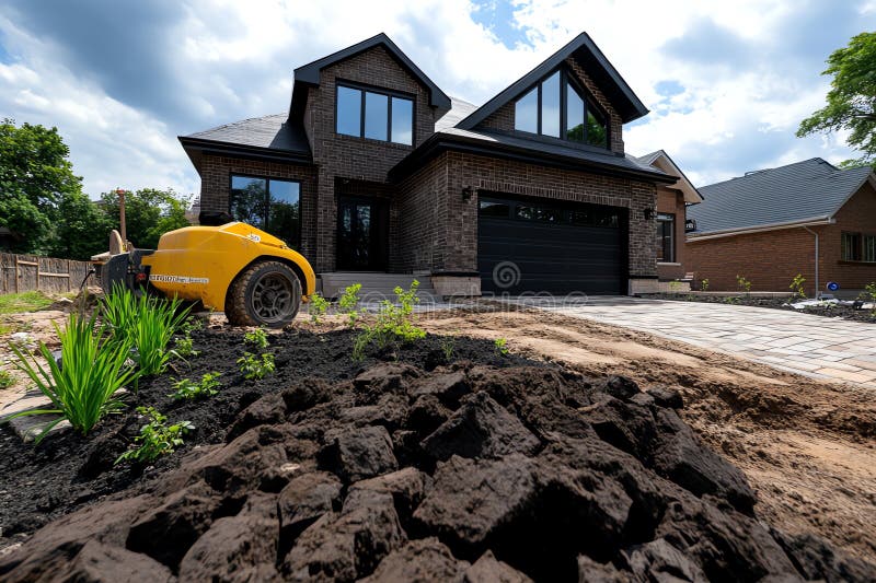 Modern Single Story House Construction with Engineers Planning the Project on Site Stock Photo ...