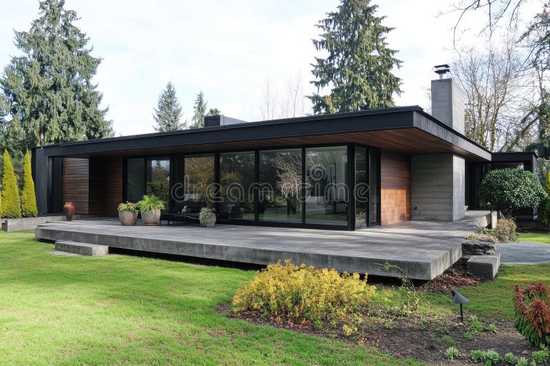 Modern Single-story House with Large Glass Windows and Surrounding ...