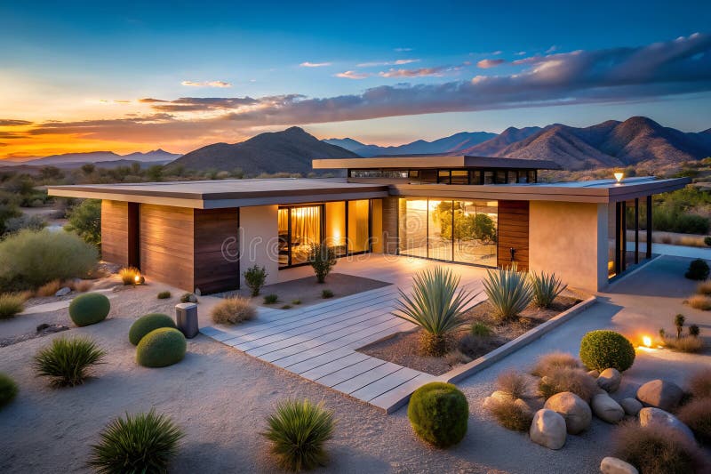 Modern Single-Story House with Solar Panels in Desert Stock ...