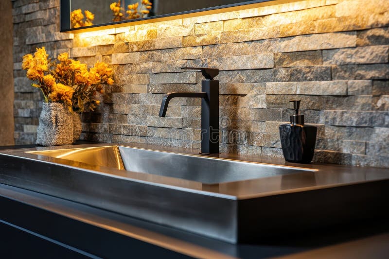 Modern Sink Setup with a Stone Wall and Decorative Flowers ...