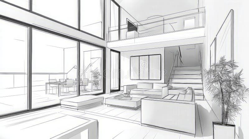 Modern Sketch of a Home Interior with Open Plan Layout Stock Photo ...