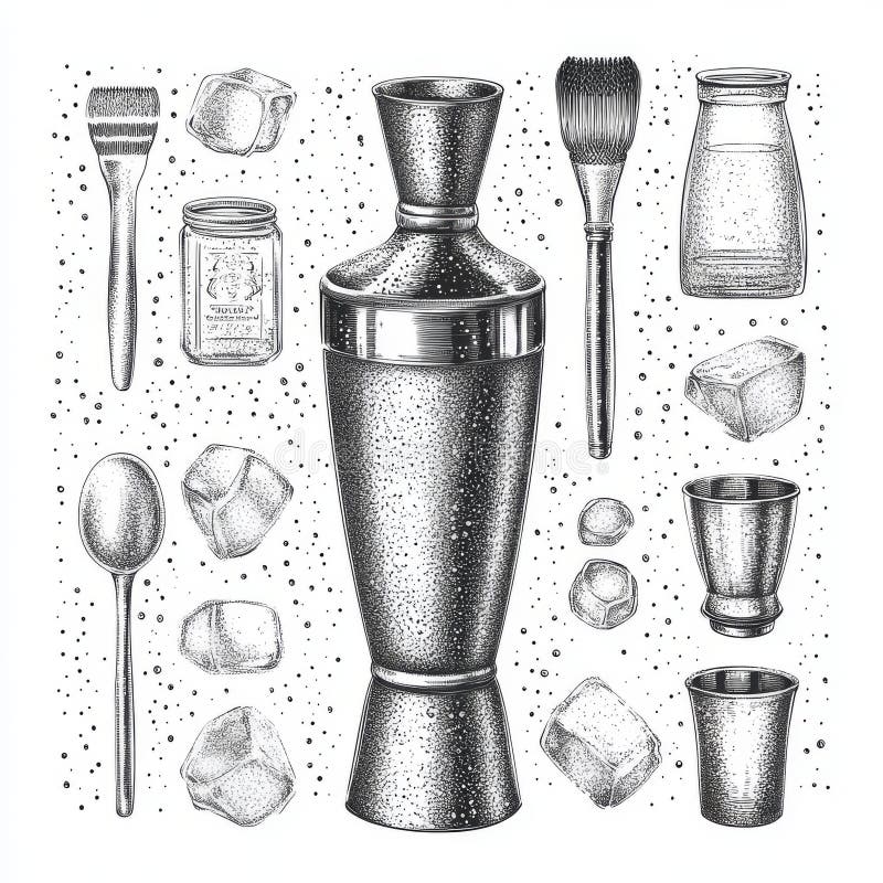 A Modern Sketch Illustration of Cocktail Bar Tools and Equipment Stock ...