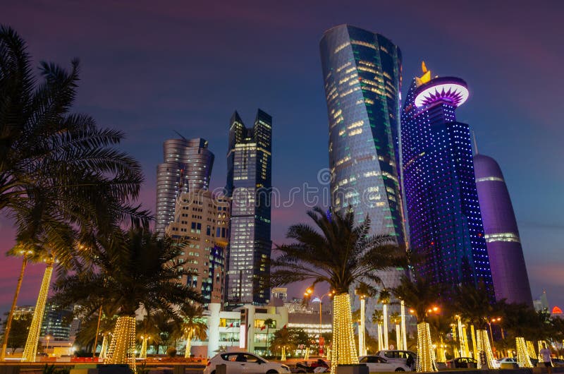 The Modern Skyline of Doha City at Night, Qatar. Stock Image - Image of ...