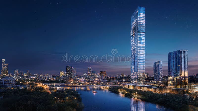A Modern Skyline at Dusk Featuring Tall Buildings and a River Stock ...