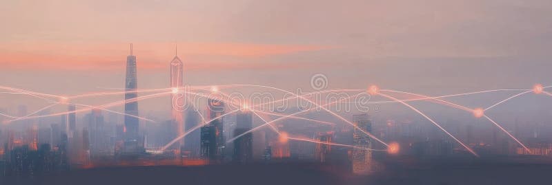 Modern Skyline with Interconnected Glowing Light Lines Stock ...