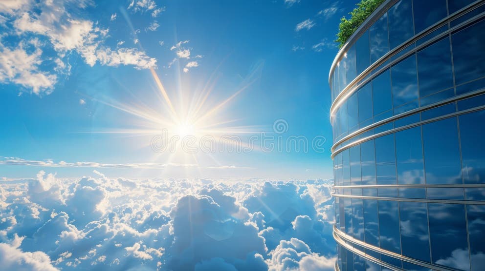 Modern Skyscraper Above Clouds with Bright Sun Stock Illustration ...