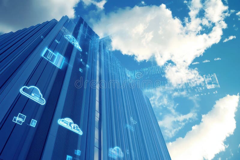 Modern Skyscraper with Digital Cloud Technology Against a Bright Blue ...