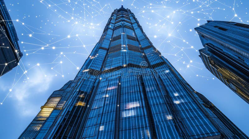 Modern Skyscraper with Digital Network Connection, Cityscape Technology ...