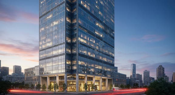 Modern Skyscraper at Dusk with Illuminated Windows and City Skyline ...