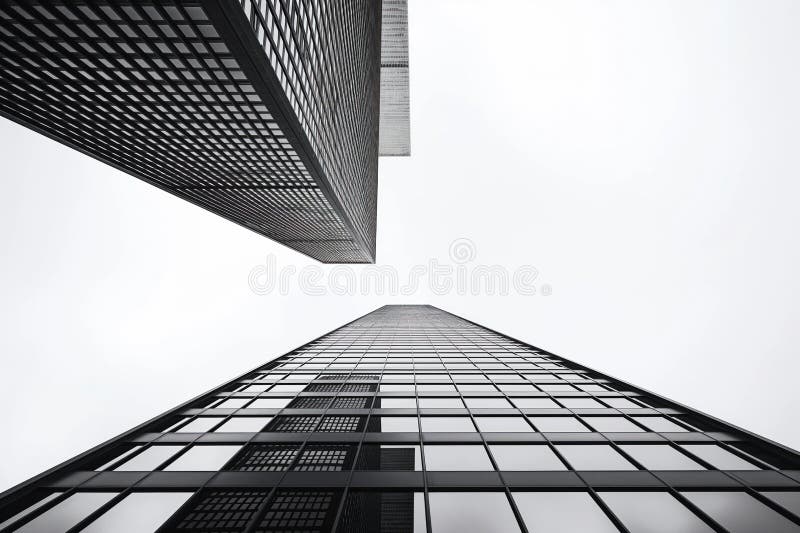 Modern Skyscraper Facade in Black and White from Below Angle. White Sky ...