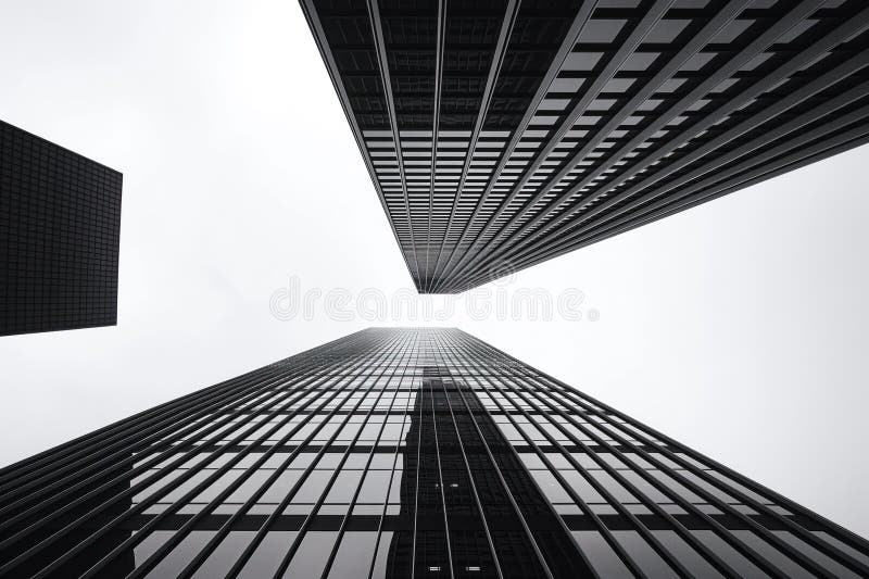 Modern Skyscraper Facade in Black, White. Bottom View from Below with ...