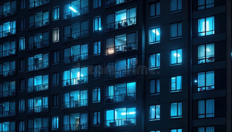 Modern Skyscraper Facade Glows with Blue Lit Windows at Night. City ...