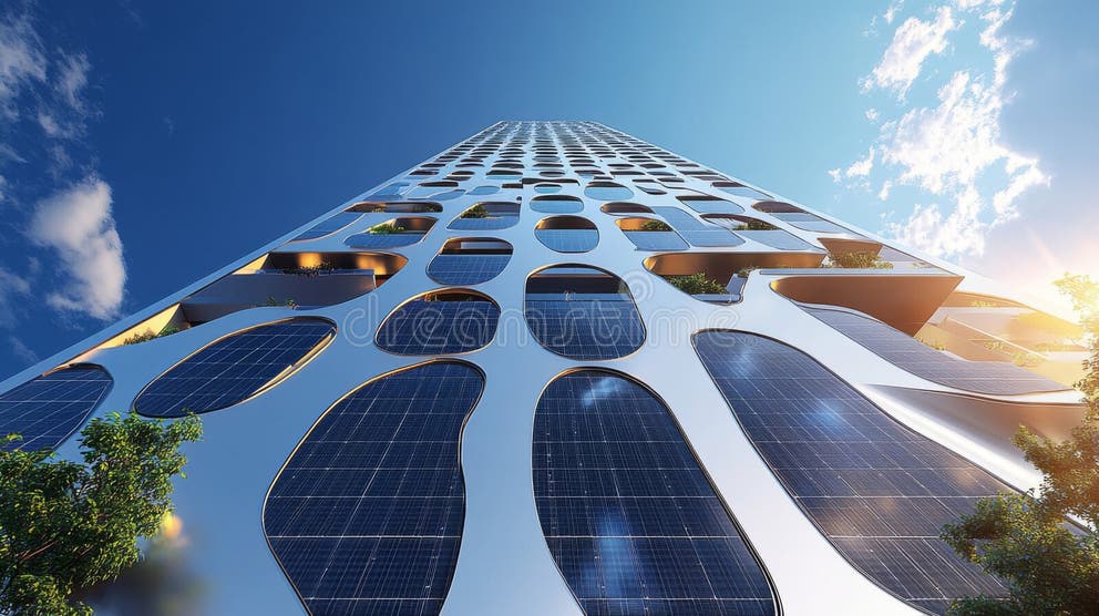 Modern Skyscraper with Geometric Facade and Solar Panels Stock ...