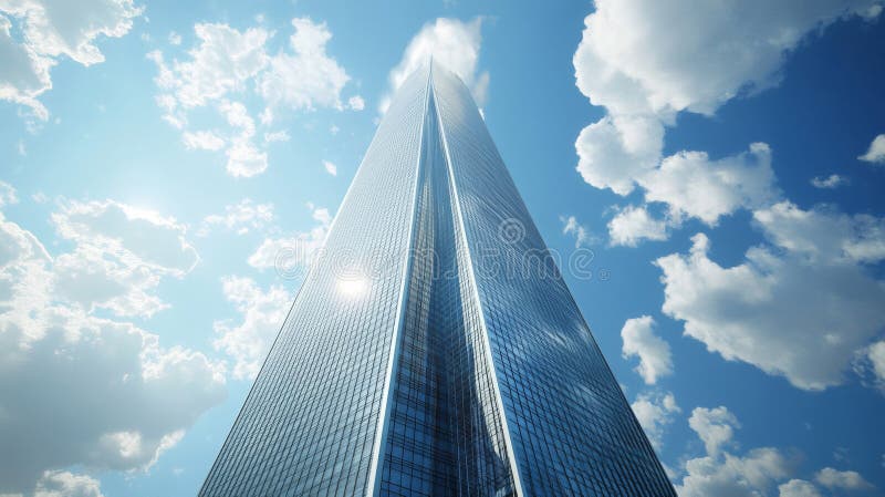 Modern Skyscraper with Geometric Facade Under a Sunny Sky Stock ...