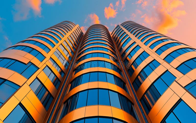 Modern Skyscraper with Glass Facade Reflecting Sunset Sky Stock Image ...