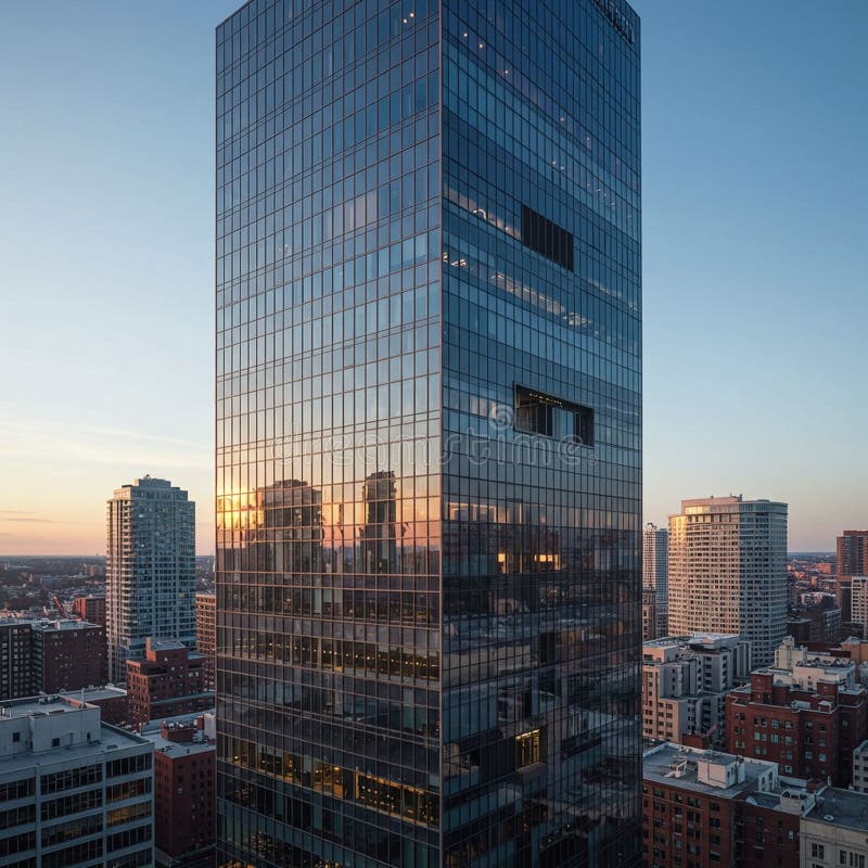 A Modern Skyscraper with a Glass Facade Reflecting the Sunset in an ...