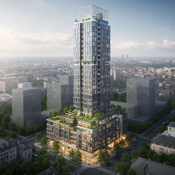 A Modern Skyscraper with a Glass Facade Stands Prominently in an Urban ...