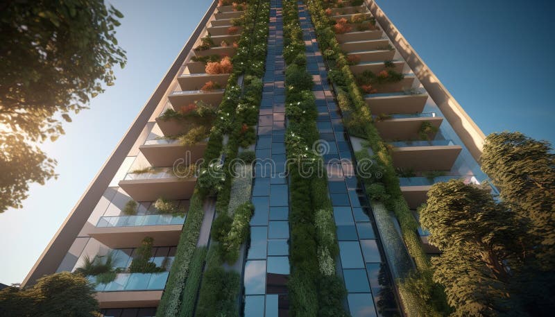 Modern Skyscraper with Glass Facade, Surrounded by Nature and Greenery ...