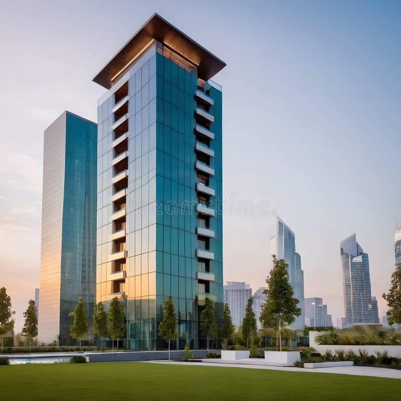 Modern Skyscraper with Green Roof and City Skyline. Stock Illustration ...