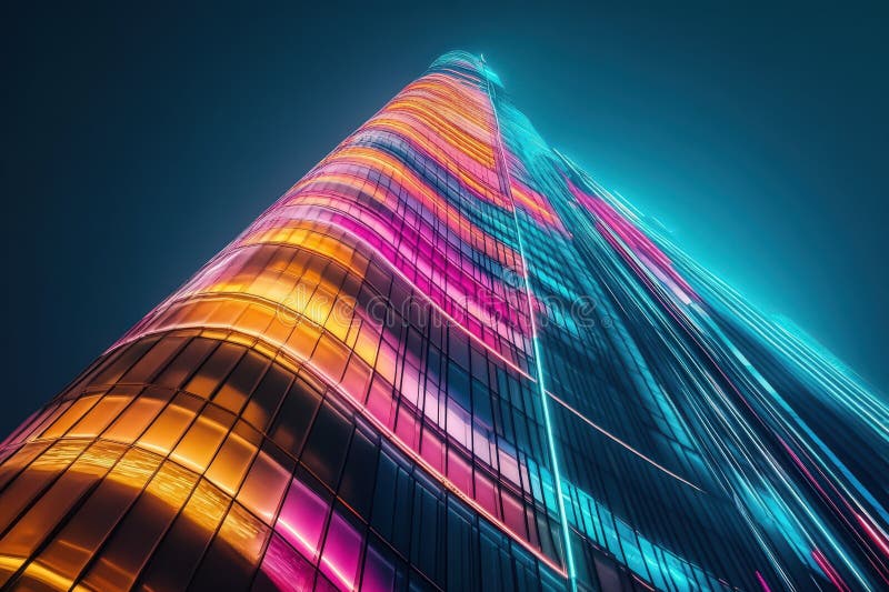 Modern Skyscraper Illuminated with Vibrant Neon Lights Stock Image ...