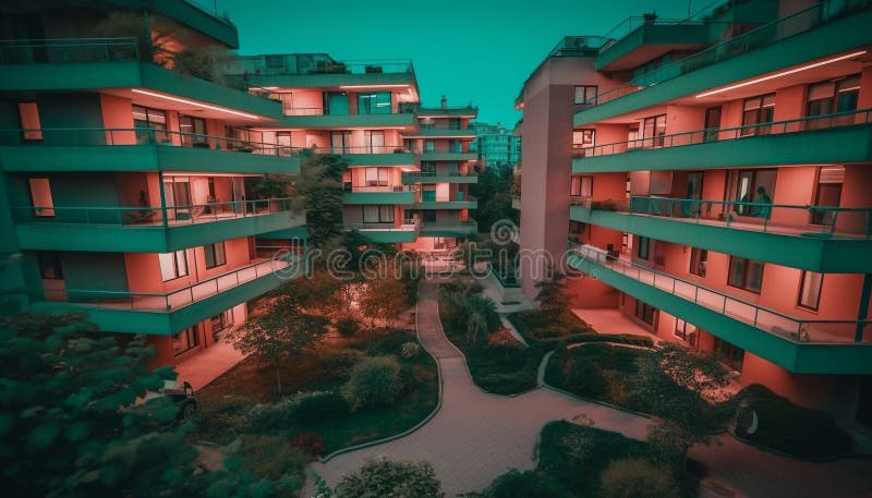 Modern Skyscraper Illuminates City Life in High Angle View at Dusk ...