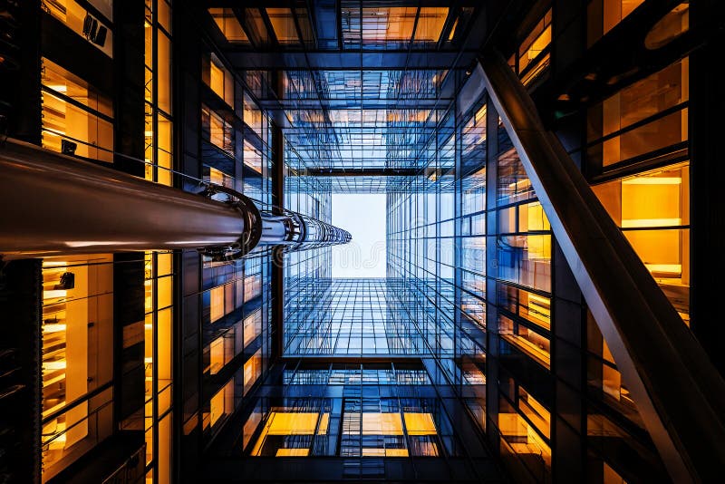 Modern Skyscraper Interior with Glass Facade and Illuminated Windows ...