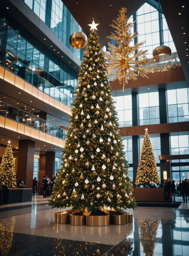 Modern Skyscraper Lobby with Towering Holographic Christmas Tree. Stock ...