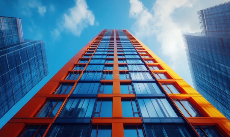 Modern Skyscraper with Orange Facade Against Blue Sky and Clouds Stock ...