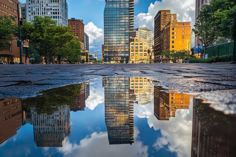 Modern Skyscraper Reflected Perfectly Still Puddle Stock Photos - Free ...