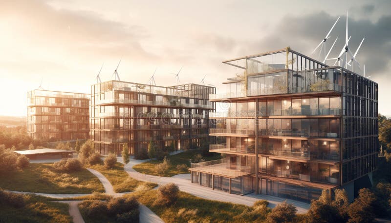 Modern Skyscraper Rises in Nature Sunset Landscape Generated by AI ...