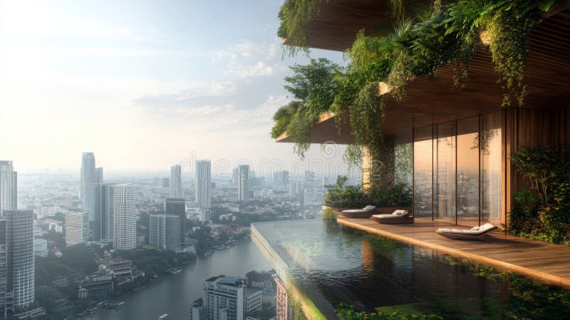 Modern Skyscraper with Rooftop Infinity Pool and Lush Greenery ...