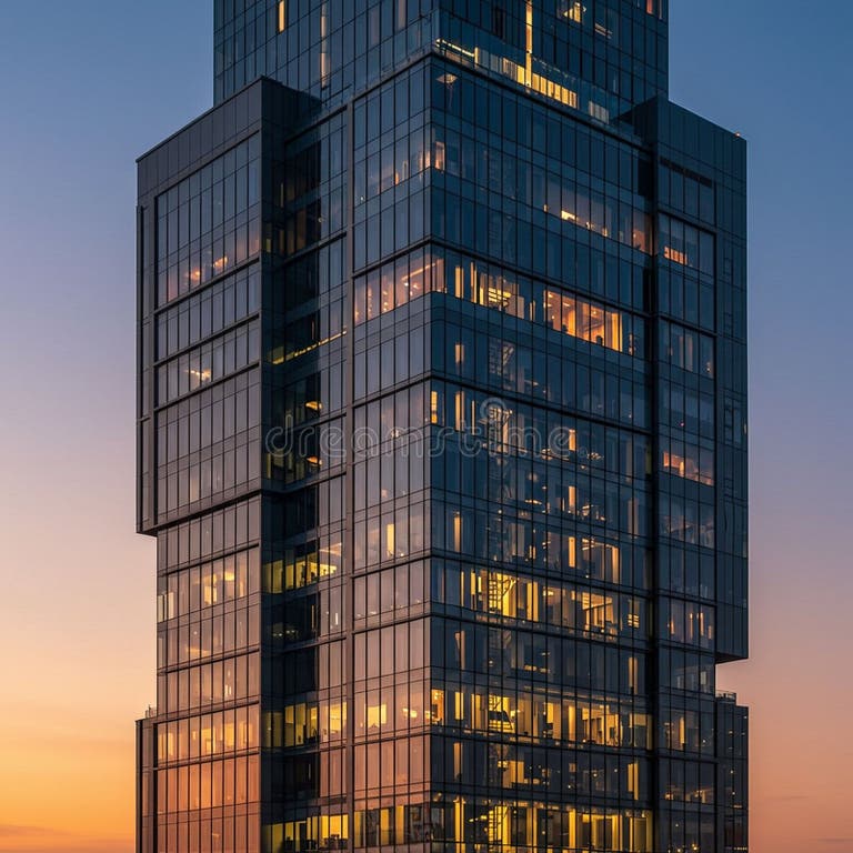 Modern Skyscraper with a Sleek Glass Facade Reflecting the Fading Light ...