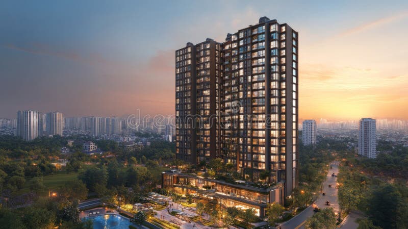 Modern Skyscraper at Sunset Over City Skyline Stock Illustration ...