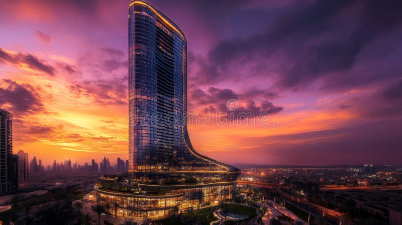 Modern Skyscraper at Sunset Over City Skyline Stock Illustration ...