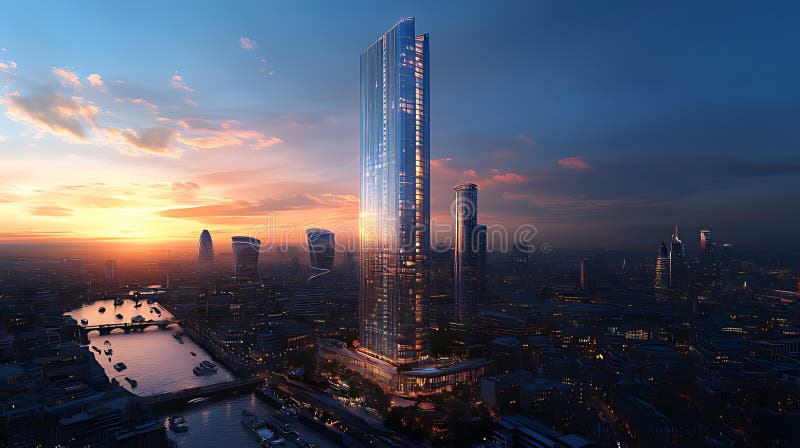 Modern Skyscraper at Sunset Overlooking Cityscape Stock Illustration ...