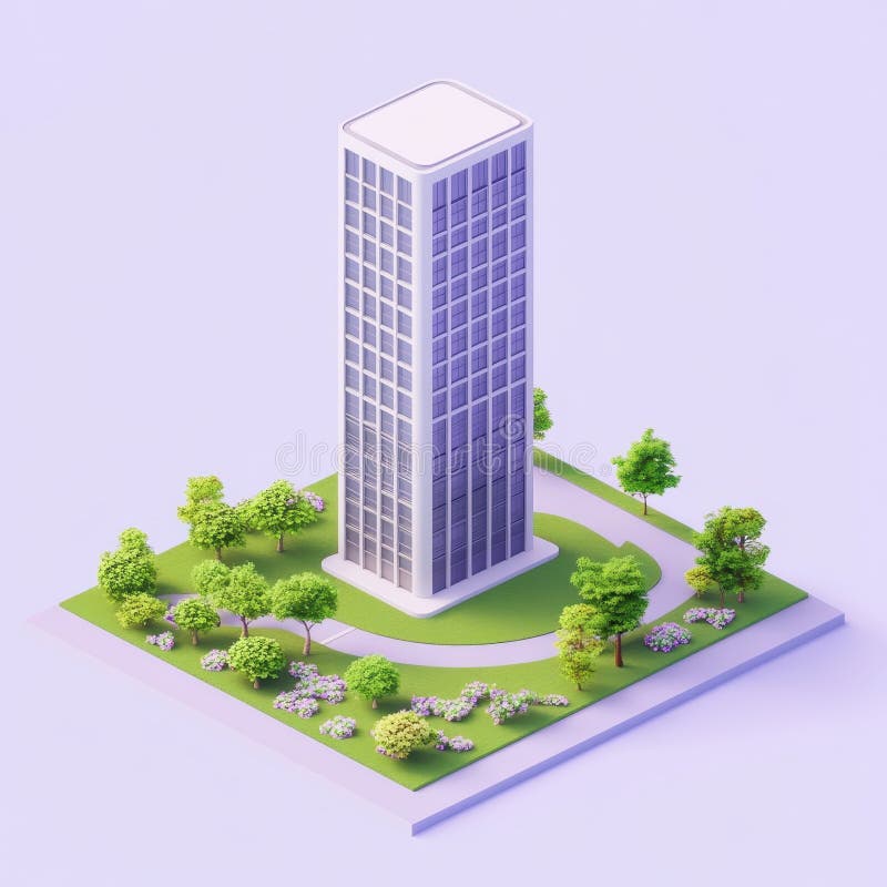 A Modern Skyscraper Surrounded by Greenery and Pathways in a Stylized ...