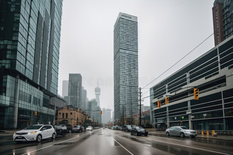 Modern Skyscraper Towering Over City, with People and Vehicles Visible ...