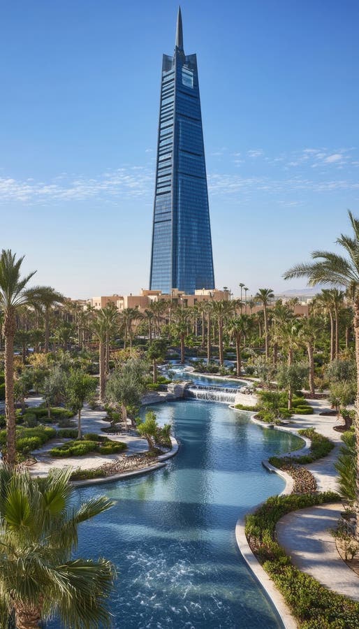 Modern Skyscraper Towering Over Lush Park with Serene Water Feature ...