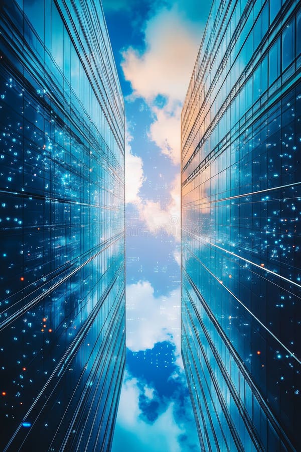 Modern Skyscraper Towers with Glass Reflections Touching a Clear Blue ...