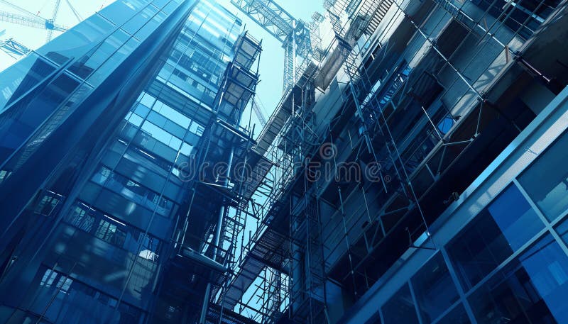 Modern Skyscraper Under Construction with Blue Crane and Steel ...