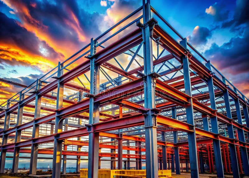 Steel Frame Building Rises Under the Night Sky Intricate Construction ...