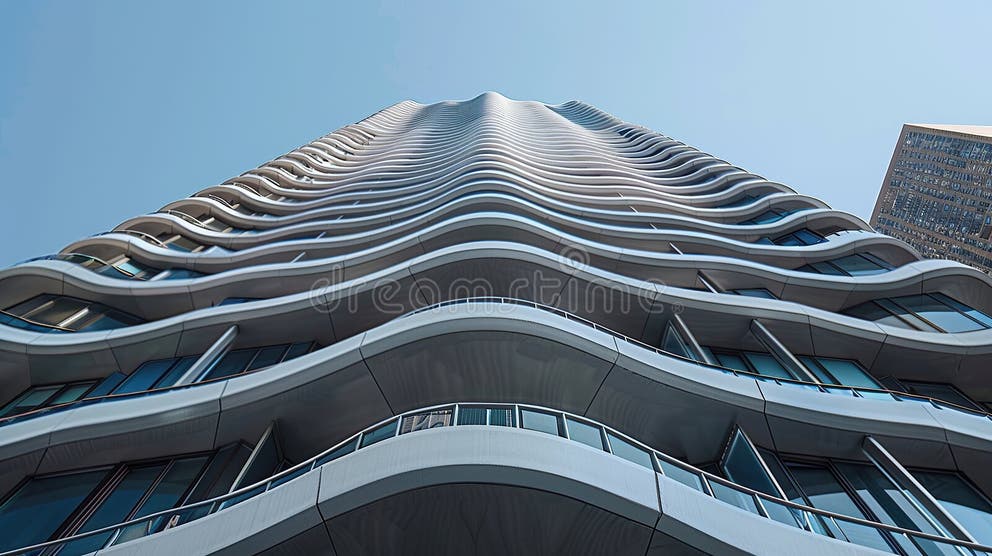 Modern Skyscraper with Wave-shaped Facade Design Against Blue Sky Stock ...