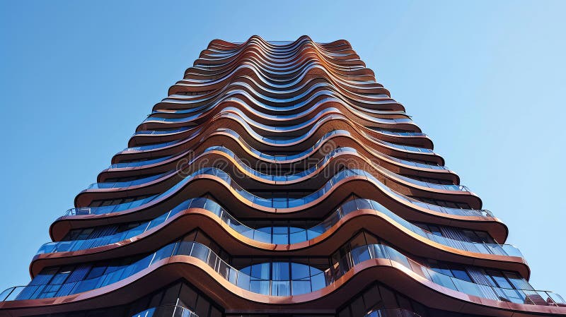 Modern Skyscraper with a Wave-shaped Facade Reaching into Blue Sky ...