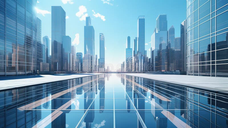 Modern Skyscrapers with Reflective Glass Facade and Blue Sky Stock ...