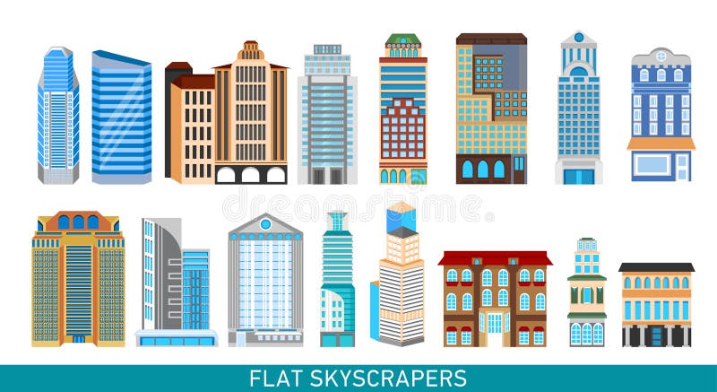 Modern Skyscrapers Set in Flat Style. Stock Vector - Illustration of ...