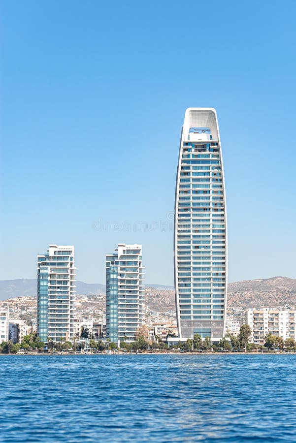 Modern Skyscrapers Standing Tall on Seafront with Blue Sky. Limassol ...