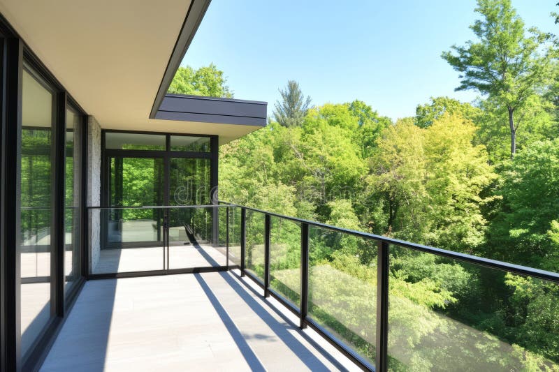 Modern Balcony Overlooking Lush Green Forest Stock Image - Image of ...